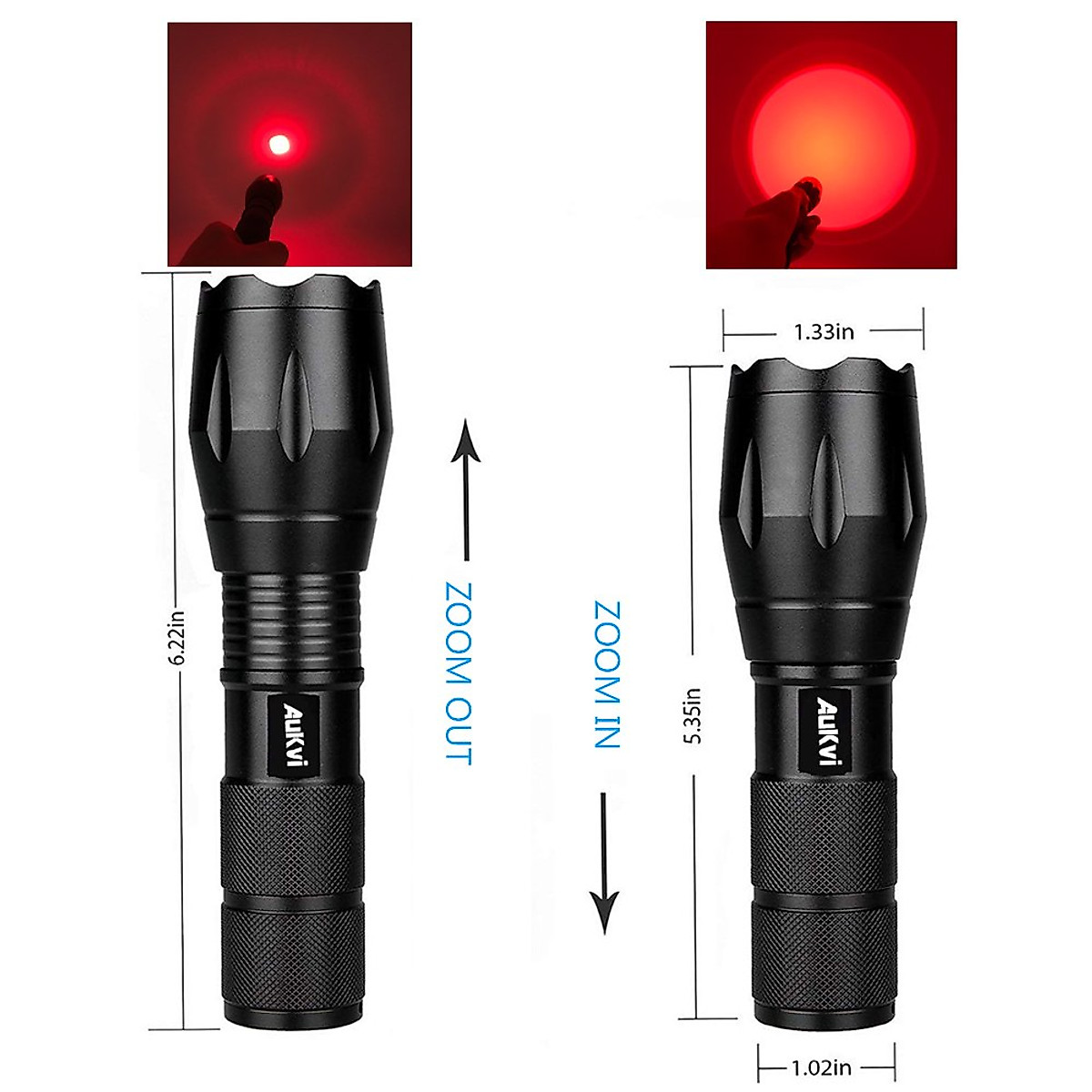 AuKvi 2 Pcs Powerful Red LED Flashlight Single Mode Long Range Red Hunting Light Torch Zoombale, Waterproof Red Torch Best for Astronomy, Aviation, Night Observation,etc