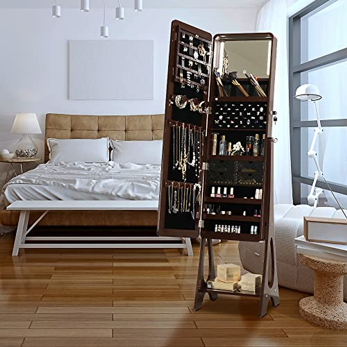 MASMIRE Standing jewelry Armoire organizer,Full Length mirror with storage (Brown, 63 * 14.5)