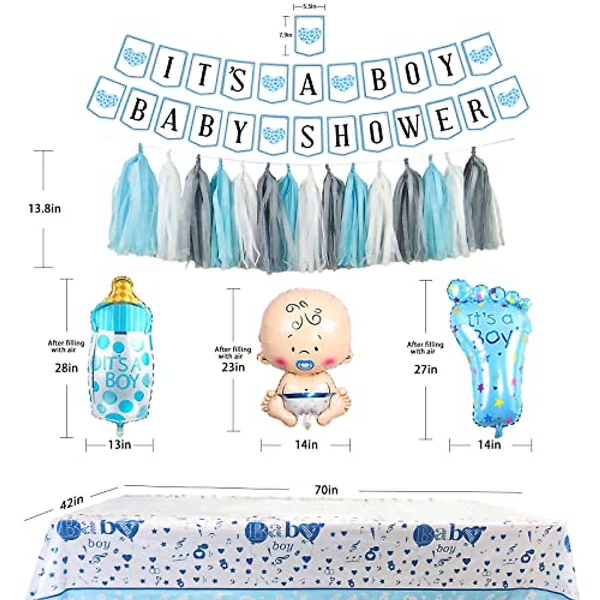 Baby Shower Decorations for Boy kit - Boy Baby Shower Banner,Foil balloons,Cake Toppers, Sash, Balloons, Paper Lanterns, Honeycombs, Tissue Paper Fans, Tassels,Blue Grey White