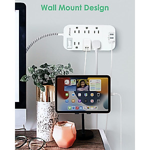 Power Strip - 10 FT Long Flat Plug Extension Cord, 6 Outlets 3 USB Ports Outlet Extender with Overload Protection, Wall Mount, Desktop Charging Station for Home, Office and Dorm Essential