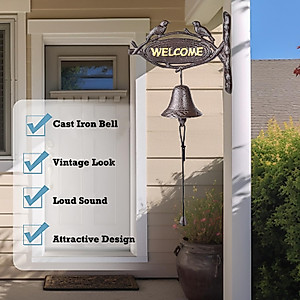 Sungmor Heavy Duty Cast Iron Wall Hanging Bell Welcome Sign - Decorative Retro Style Lovely Birds Manually Shaking Doorbell - Indoor Outdoor Wall Mounted Dinner Bell - Garden Home Wall Art Decoration