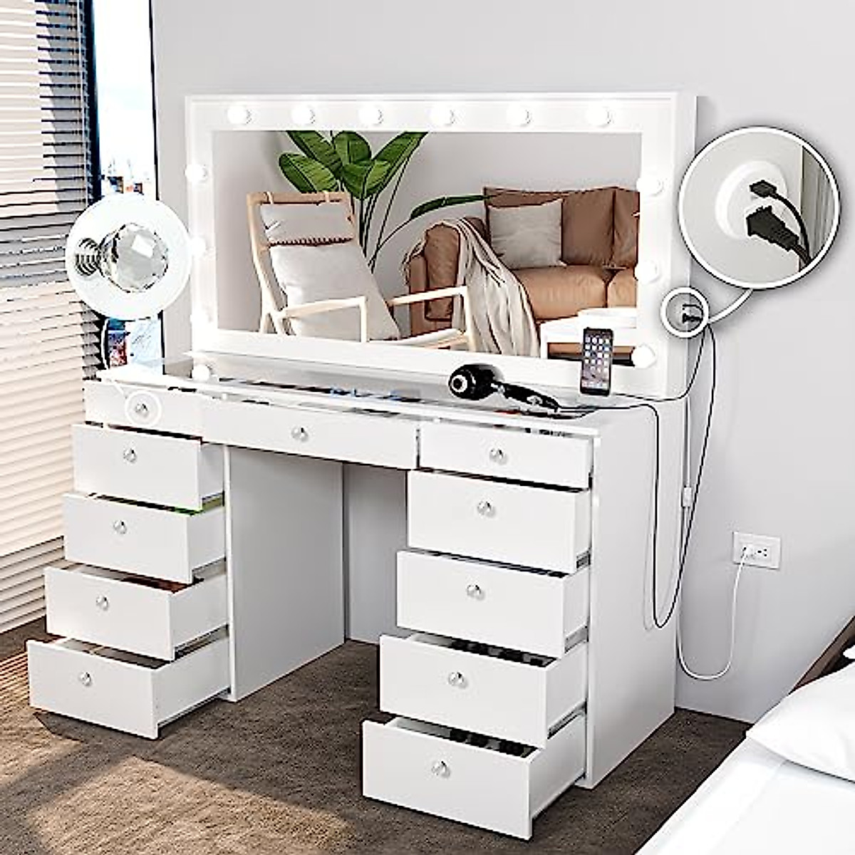 Boahaus Orla Modern Makeup Vanity Desk with Light Bulbs Built-in, USB Port and Power Outlet, 11 Drawers, Hollywood Vanity Mirror, Glam Glass Top Vanity, Crystal Ball Knobs, Big Vanity for Bedroom