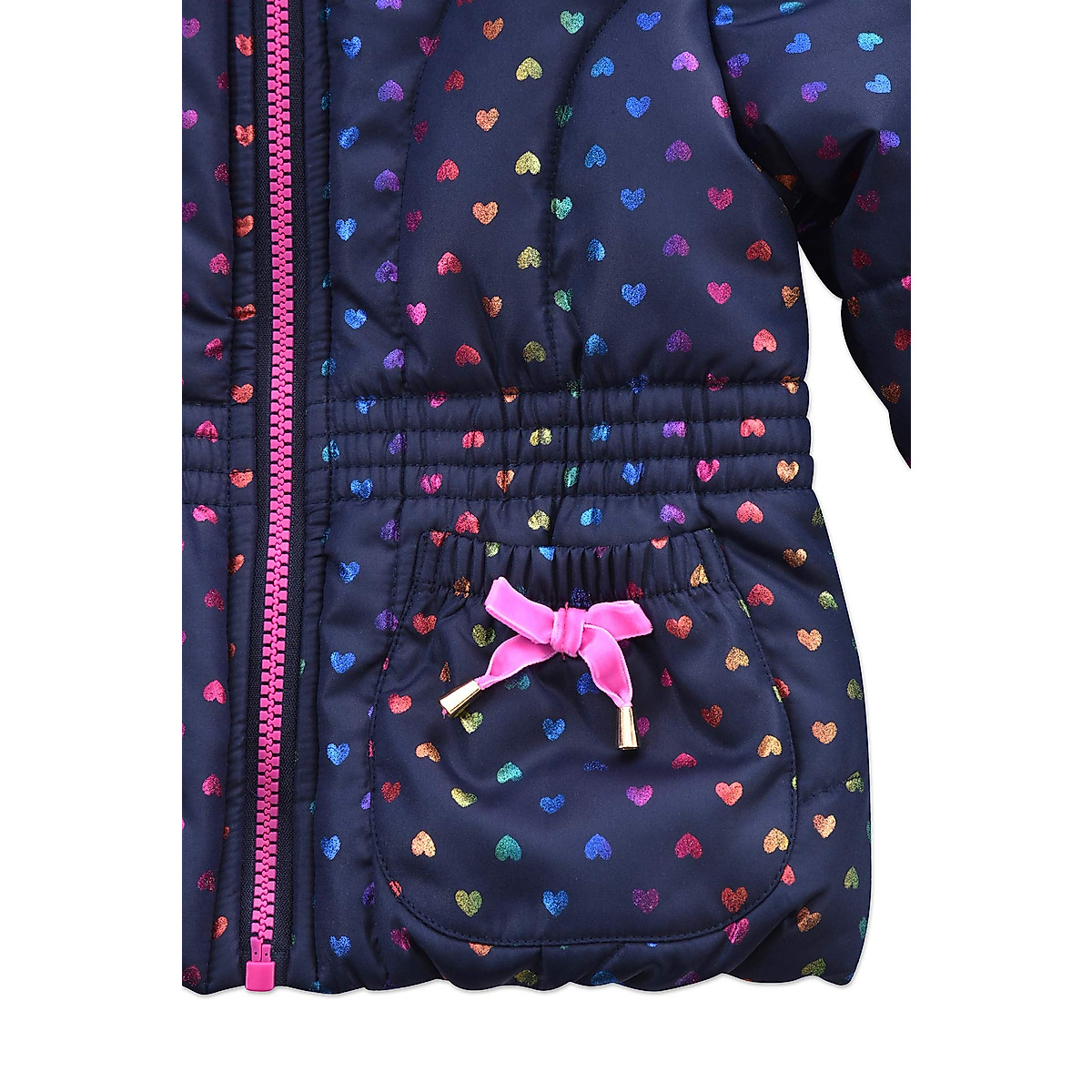 Arctic Quest Toddler Girls Metallic Rainbow Heart Print Snowsuit Fleece Lined Hooded Jacket and Bib Set, Navy Blue & Pink, 5/6