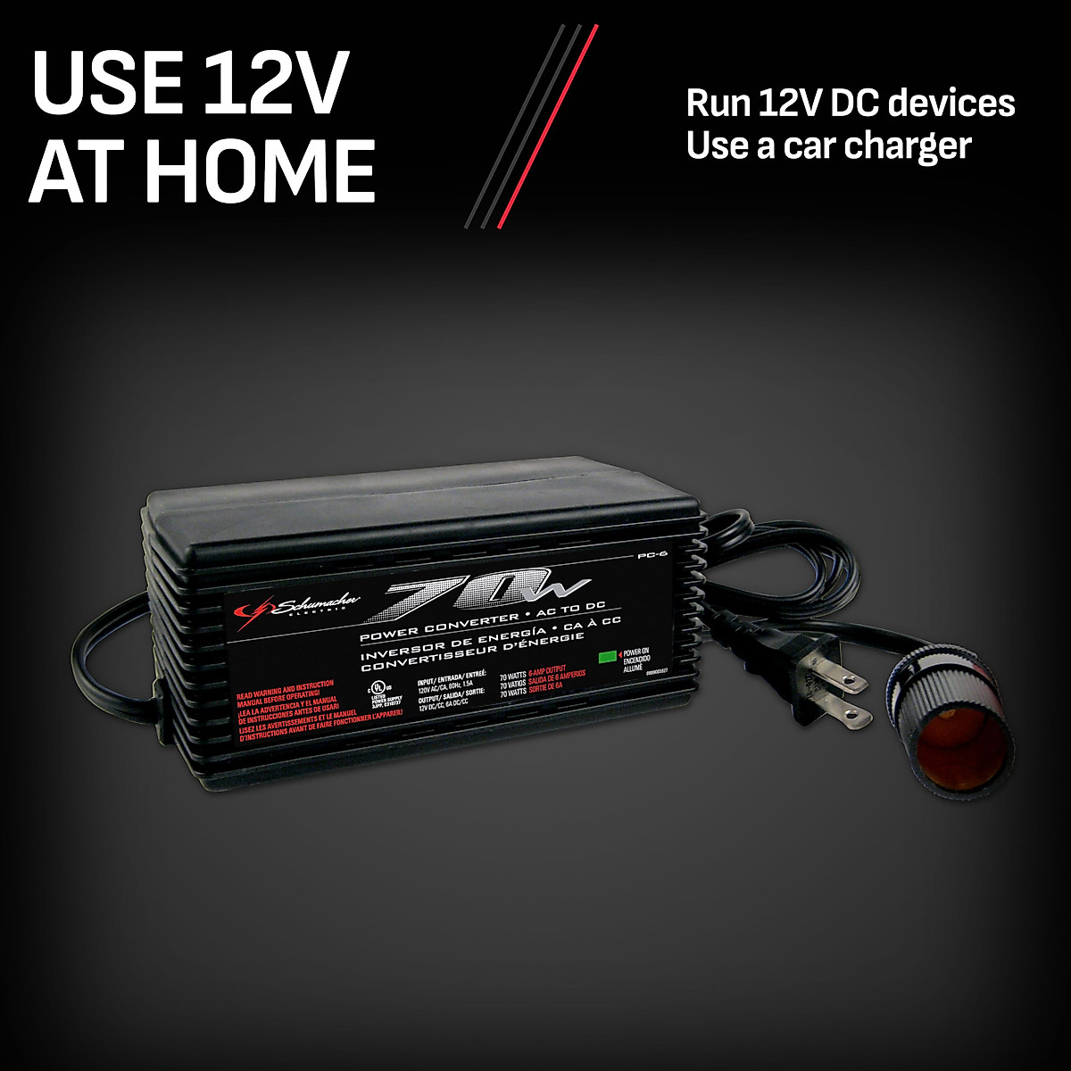 Schumacher PC-6 AC to DC Power Converter with 12V DC Port That Plugs into 12V AC Outlet - 70 Watts Continuous 140 Peak Watts, Black