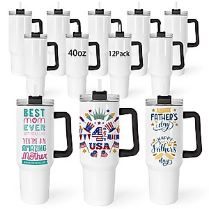 Icesip 40 oz Sublimation Tumblers with Black Handle Lid and Straw 12 Pack Stainless Steel Double Wall Vacuum Insulated Travel Mug Cup Bulk Sublimation Blank for DIY Gift