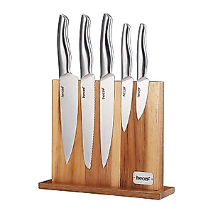 Hecef 6 Piece Kitchen Knife Block Set,All Metal Construction Hollow Handle Tapper Ground Knives & Double Sided Magnet Wood Knife Block