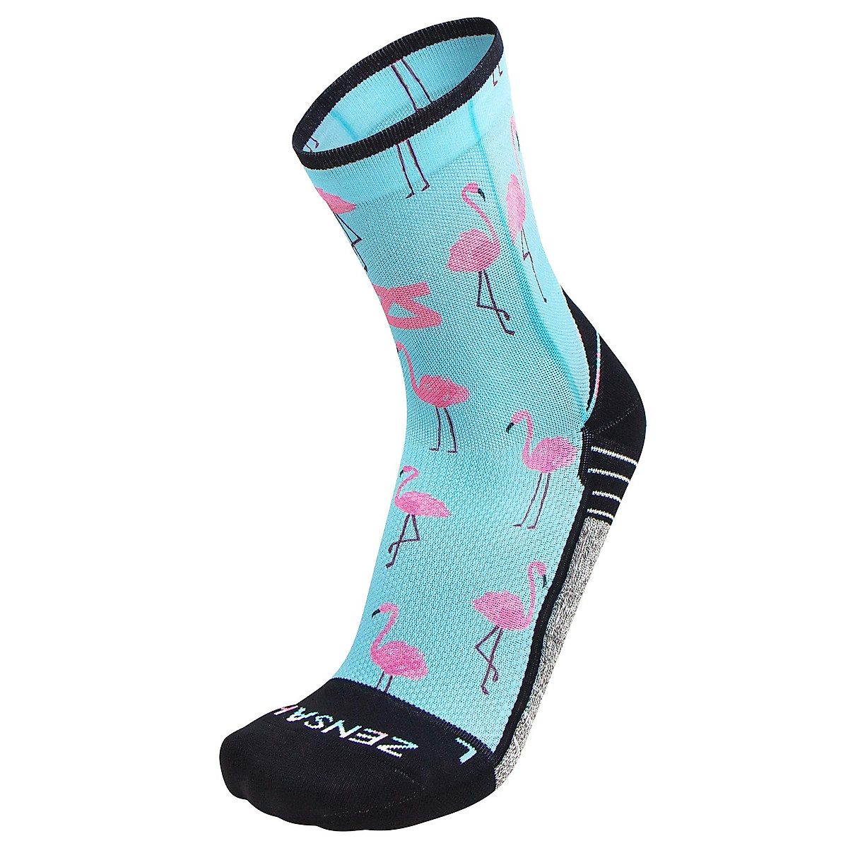 Zensah Limited Edition Mini Crew Running Socks - Anti-Blister, Fun, Athletic Socks for Men and Women (Large, Pink Flamingos)