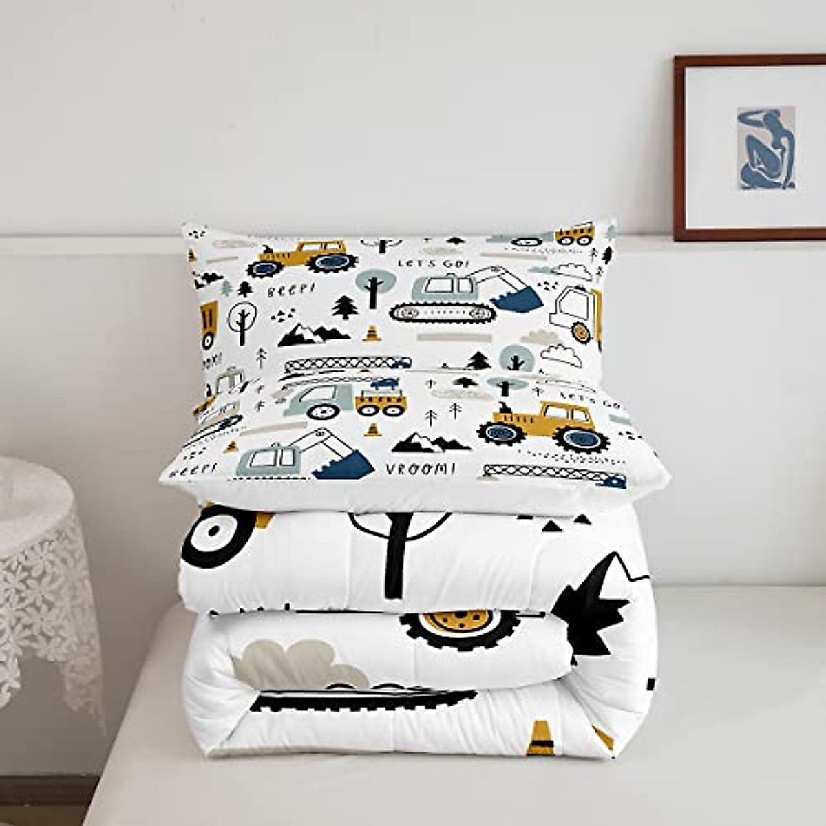 Cartoon Car Kids Comforter Set Construction Bedding Set Decor Equipment Trucks Comforter Cartoon Car Excavator Tractor White Yellow Duvet Set Bedroom Quilt Set 3Pcs Full