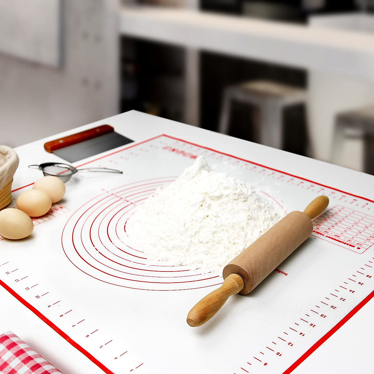 SiliQueen Silicone Pastry Baking Mat with Measurements Extra a Brush and a Dough Scraper- 27.5” x 20” Heat Resistant, BPA Free, Non-Stick Non-Slip Pastry Mat for Rolling Dough, Easy to Clean, Red