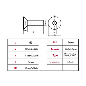 25pcs M6-1.0 X 12mm Flat Head Socket Cap Countersunk Bolts, 10.9 Grade Grade Carbon，Hex Drive Flat Head