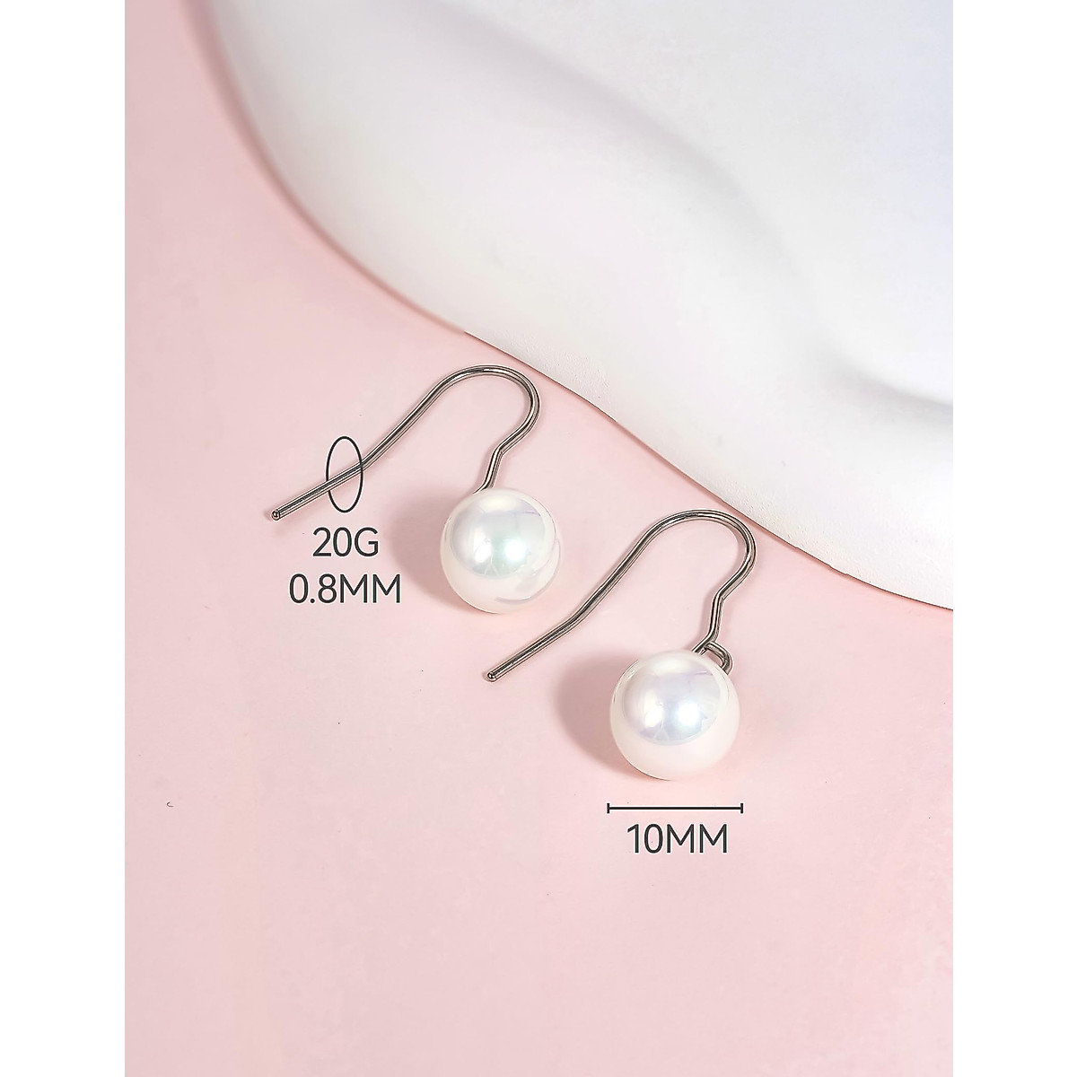 Limerencia Titanium Dangle Earrings, Shell Pearl Drop Earrings, 10 mm Lightweight Drop Earrings Hypoallergenic for Sensitive Ears Women