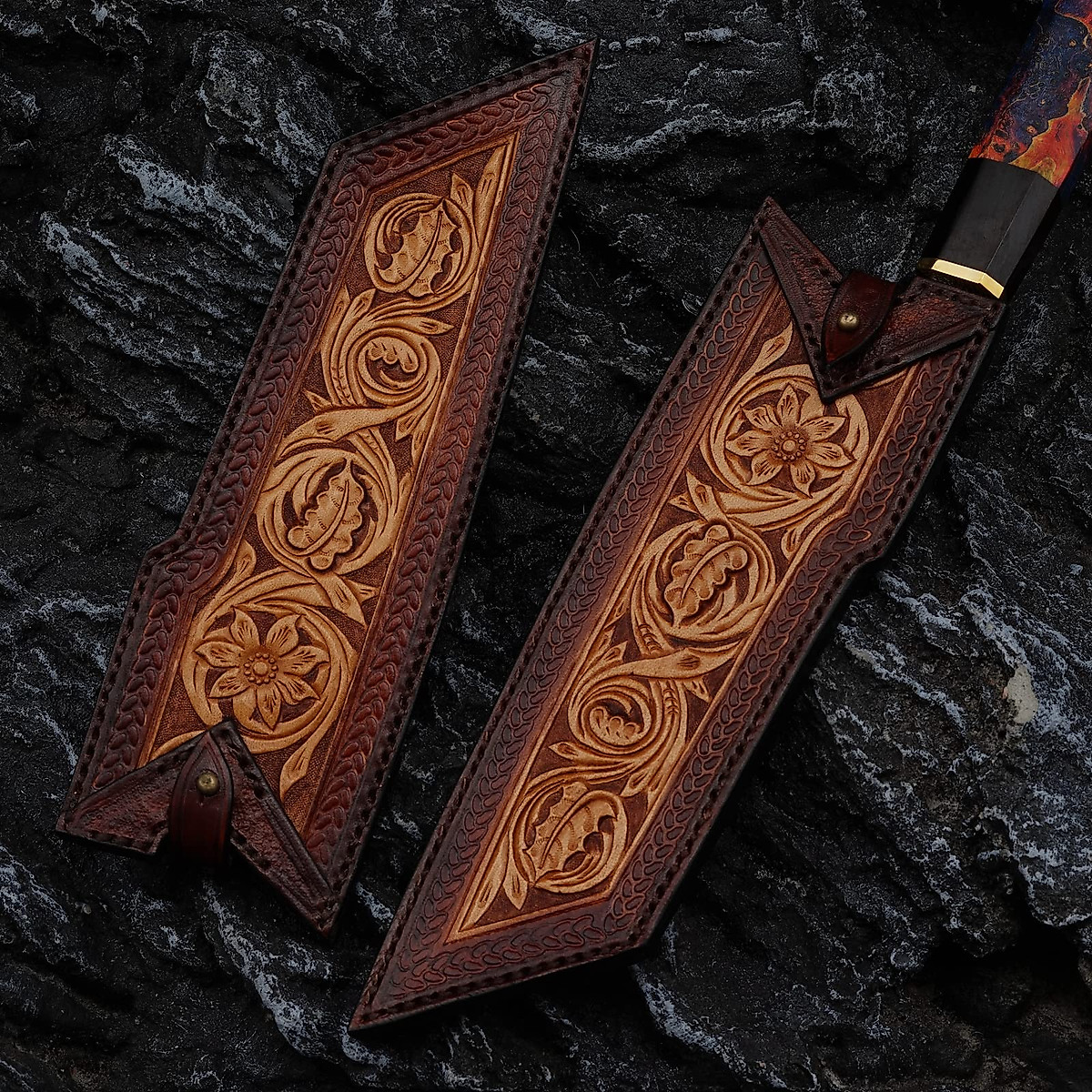 FZIZUO Damascus Steel Santoku Knife Handmade Japanese Tanto Chef Knife with Sheath 8inch Bunka Knife Vegetable Slicing Knives Stabilized wooden handle