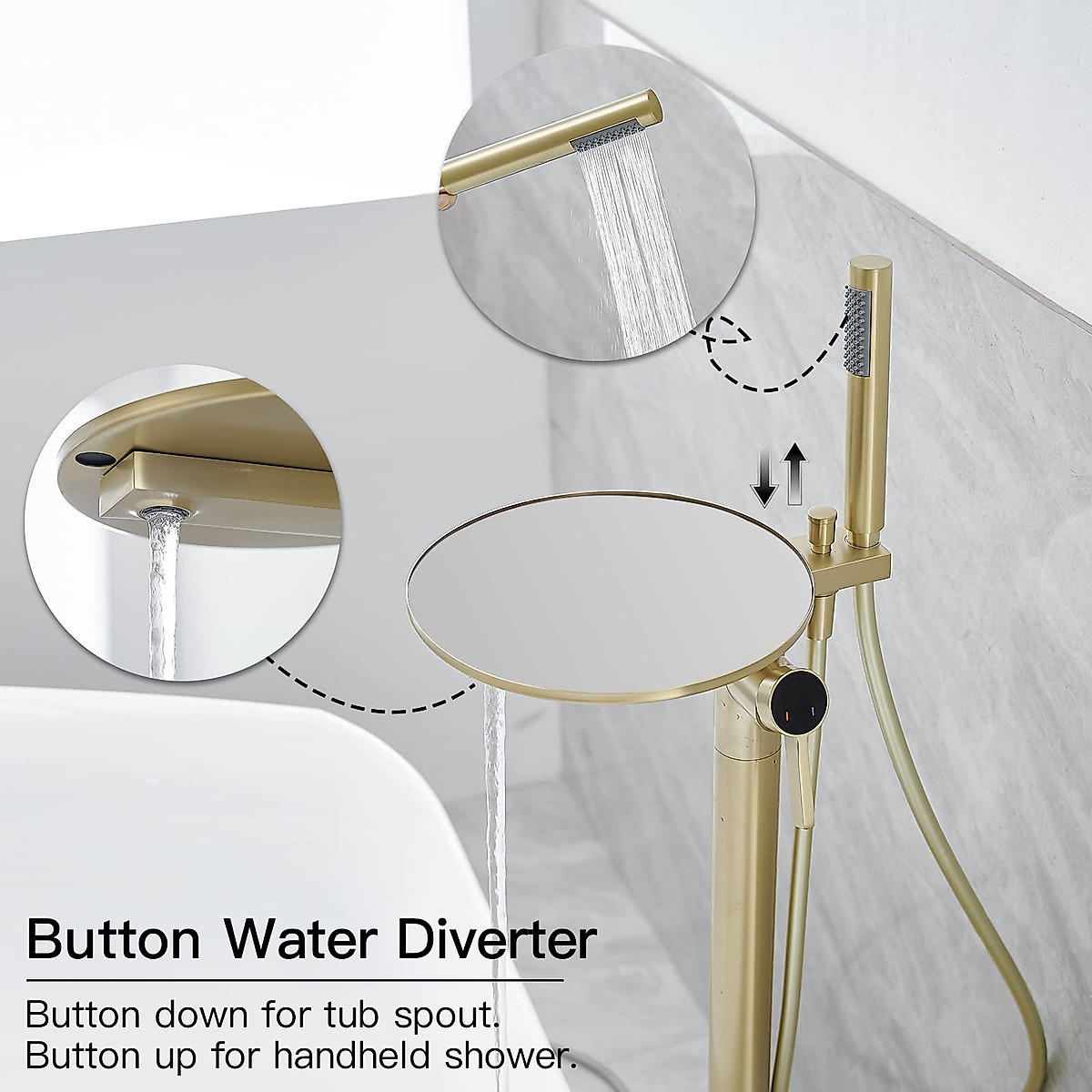 Homevacious Freestanding Bathtub Faucet Brushed Gold Floor Mount Tub Filler Single Handle Brass Bathroom Free Standing Bathtub Faucet with Handheld Shower and Shelf