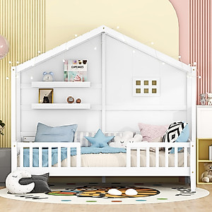 SOFTSEA Twin Size House Bed for Kids, Low Loft Bed with Storage Shelves, Wood Bed Frame with Window and Sparkling Light Stripe on The Roof, Kids Twin Bed Frame, No Box Spring Needed, White