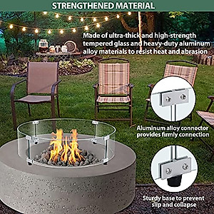 Trigoo Round Fire Pit Wind Guard 24 x 24 x 6 Inch Tempered Glass Frame Fence