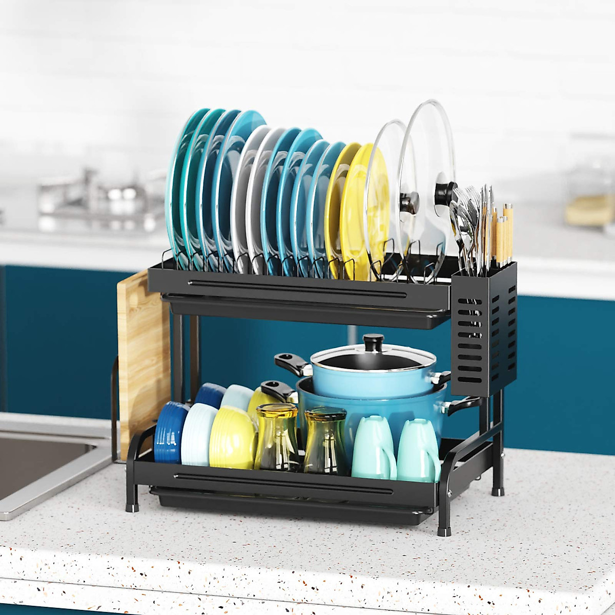 GSlife Dish Drying Rack, Metal 2 Tier Dish Rack Rust-Resistant Dish Drainer with Utensil Holder, Cutting Board Holder Set for Kitchen Counter, Black