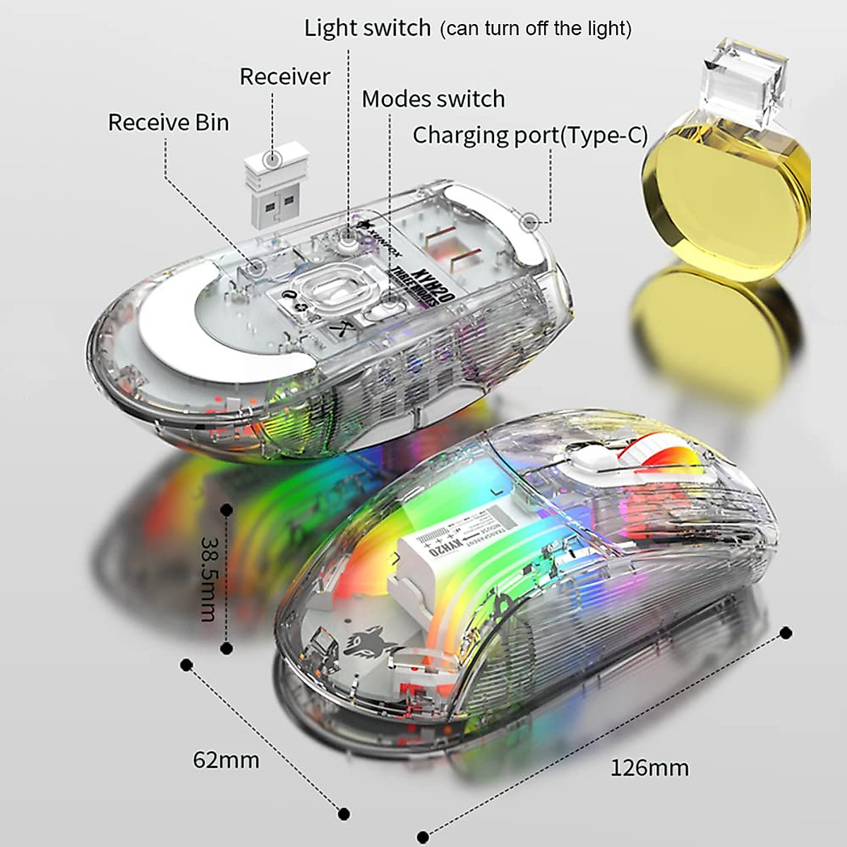 Attoe Bluetooth Wireless Mouse, Transparent RGB Mechanical Dual Mode Gaming Mouse, A Must-Have Cool USB Computer Mouse for Gaming and Esports
