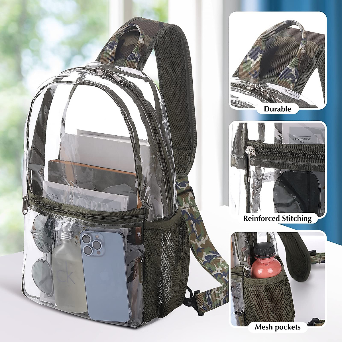 CLEKEGBAG Clear Sling Bag Crossbody Camouflage Backpack - See Through Concert Approved - One Strap Transparent Plastic Sling Bag for Men (15x4.5x9 inches)