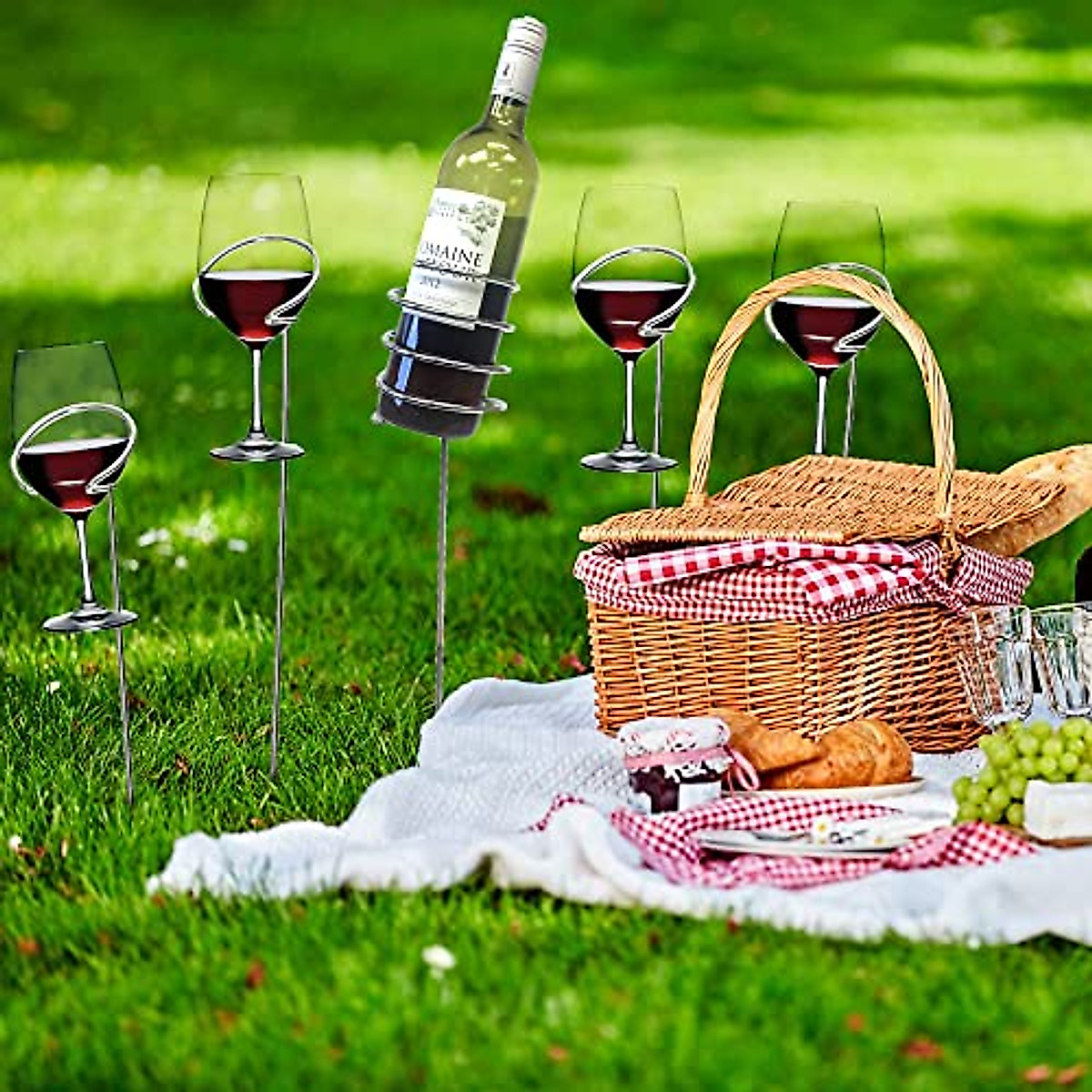 Mind Reader Picnic Wine Sticks, 5 pc Set, 5 Count (Pack of 1), Silver Bottle Glass Holder