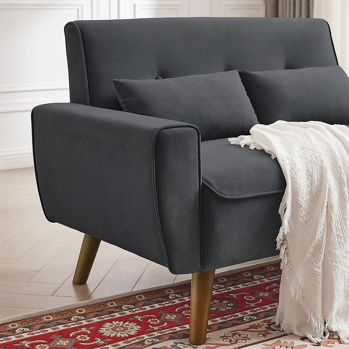 Tornama 48" Small Loveseat Sofa, Mid Century Modern Love Seat Couch, 2 Seat Tufted Couches with Throw Pillows for Living Room, Apartment, Bedroom and Small Spaces, Dark Grey