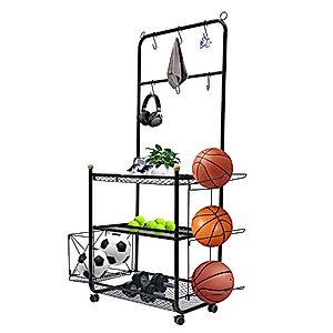 KenSyuInt 3-Layer Ball Storage Rack,Garage Ball Storage,Garage Storage System,Sports Equipment Storage Rack,for Indoor and Outdoor Equipment Placement(Black)