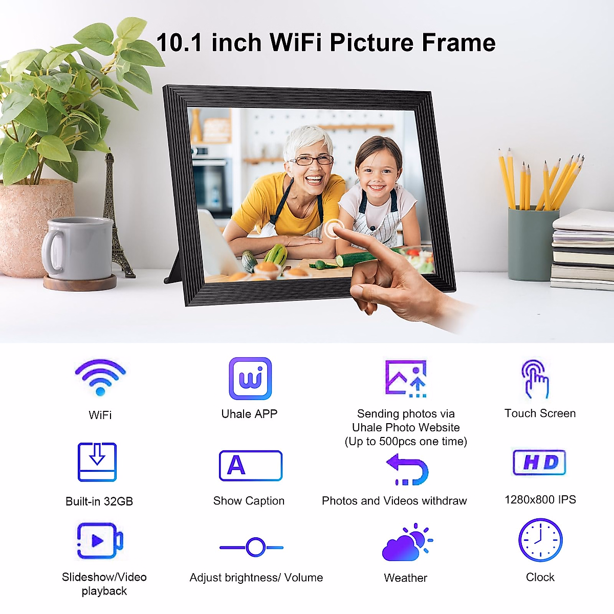 32GB 10.1 inch WiFi Digital Photo Frame 1280 * 800 IPS Touch Screen Share Moments via App from Anywhere, Support Mirco SD Card Extend Storage, Auto-Rotate