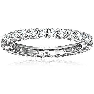 Amazon Essentials Platinum Over Sterling Silver Round Cut Cubic Zirconia All-Around Band Ring (2.5mm), Size 7, (previously Amazon Collection)