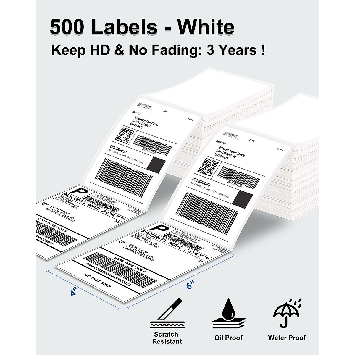 Phomemo 4x6 Thermal Label Printer Paper - 500 PCS White 4"x6" Fan-Fold Labels Shipping Supplies Labels - Water/Oilproof Label Stickers - Permanent Adhesive Thermal Shipping Label for Shipping Packages