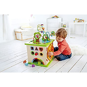 Country Critters Wooden Activity Play Cube by Hape | Wooden Learning Puzzle Toy for Toddlers, 5-Sided Activity Center with Animal Friends, Shapes, Mazes, Wooden Balls, Shape Sorter Blocks and More, 13.78 x 13.78 x 19.69 inches