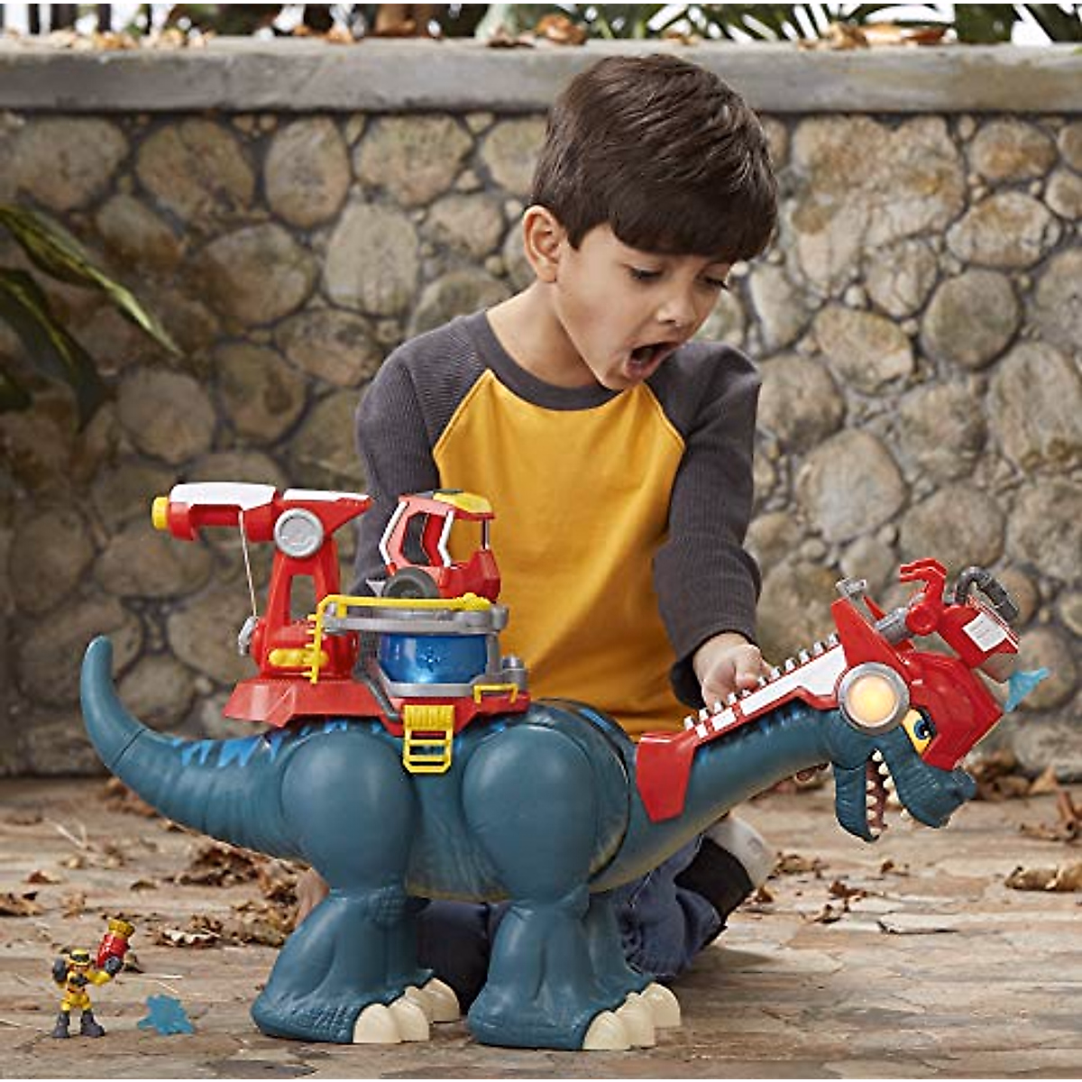 Chomp Squad Playskool Blazeasaurus and Sparks McKenzie, 20-Inch Brachiosaurus Dinosaur Firefighter Toy and Action Figure for Kids 3 and Up