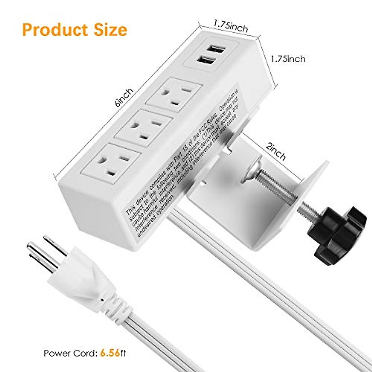 Desk Clamp Power Strip, Desktop Power Outlet Clamp Mount with 2 USB ...