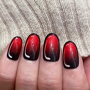 NOVO OVO Short Almond Oval Red To Black Ombre Comicbook Thick False Fake Press on Nails CARTOON NAIL Glossy Trendy Popart Opaque Stick on Acrylic Kit with Glue for Valentine's Day Spring