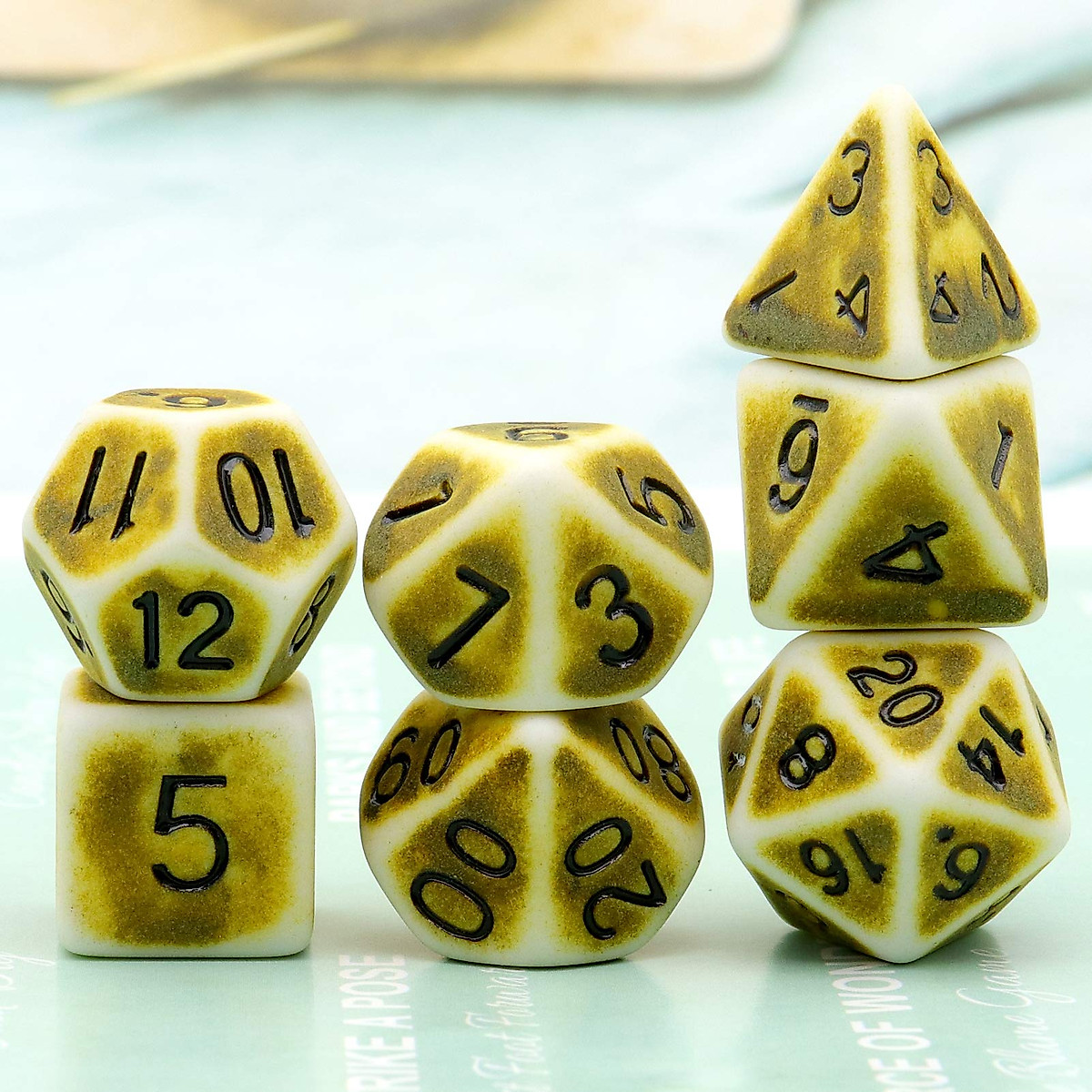 Haxtec Ancient Bone DND Dice Set 7PCS Yellow Polyhedral Dice for Dungeons and Dragons Pathfinder RPG