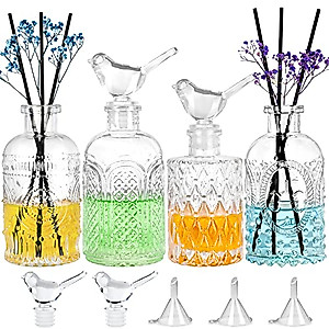 Gift Set-Diffuser Glass Bottles Decorative Bottles Vases Set of 4 Empty Clear DIY Fragrance Reed Diffuser Storage Bottle with Reeds Sticks for Home Office Desk Decoration Wedding Valentine Girl Women