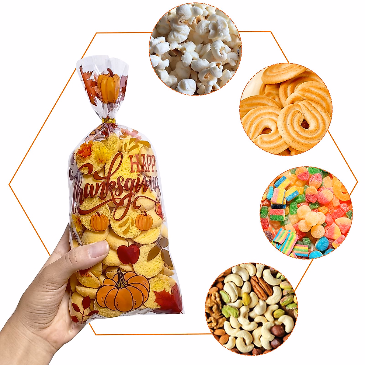 QOIUSO Thanksgiving Gift Bags Cellophane Bags: 50 Pcs Thanksgiving Treat Bags for Goodie Cookies Snacks and Gift Wrapping, Clear Candy Bags with Twist Ties Thanksgiving Party Favors Bags - 4 Style