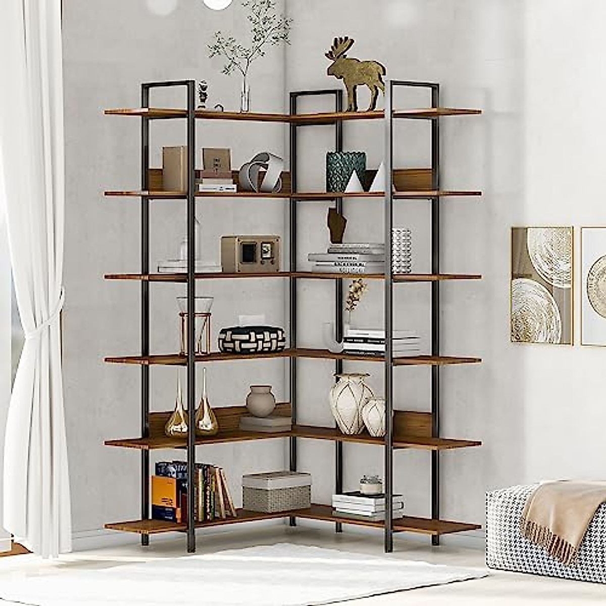Tall Bookcase Shelf Storage Organizer 6 Tiers, L-Shape Corner Bookshelf with Anti-toppling Fitting, Industrial Display Standing Shelf Units for Living Room Home Office, Each Panel Hold up to 80 lbs