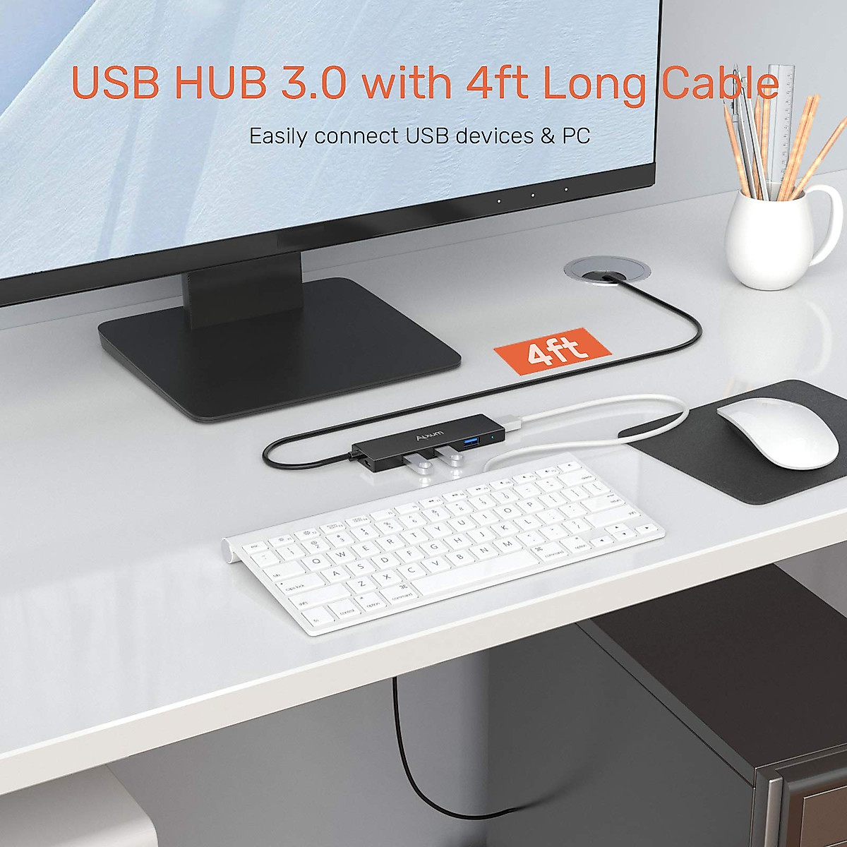 Case of 120, Alxum USB 3.0 Extension Hub 4-Port, USB Hub Long Cord 4ft with MicroB Power Port, USB Data Hub for Desktop PC, MacBook, Surface Pro, XPS, Flash Drive, Mobile HDD, Printer -Black