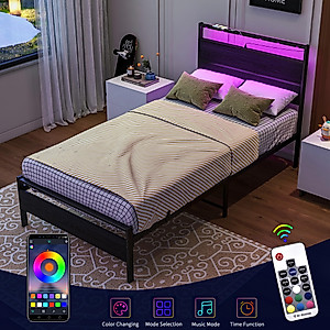 Twin Bed Frame with Headboard/LED Lights,Metal Bed Frame Twin Size with Charging Station,Twin Platform Bed Frame Twin Size No Box Spring Needed,Beds Base,Heavy Duty Metal Slats Support,No Noise,Black