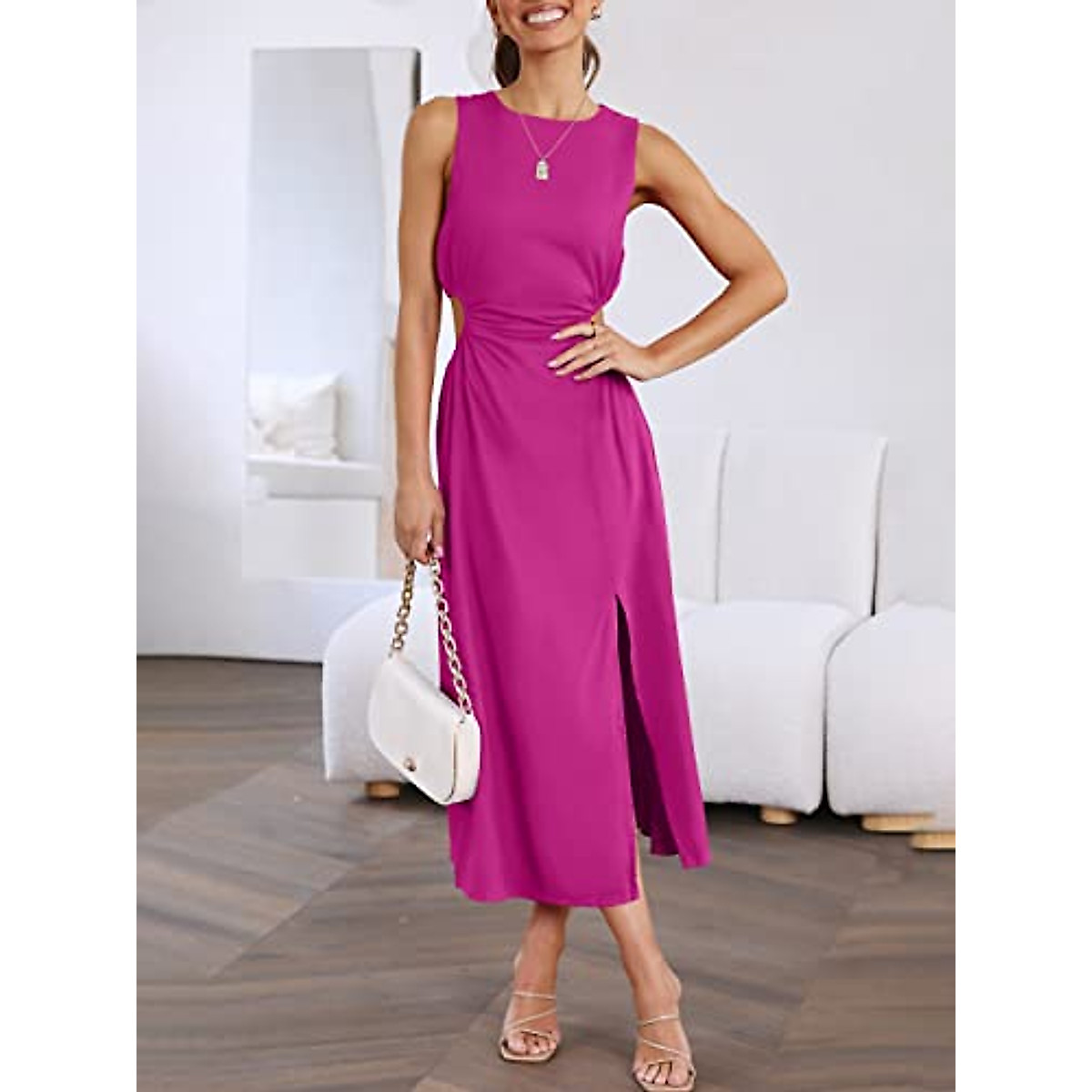ANRABESS Women's Summer Sleeveless Cutout Maxi Dress Bodycon Slit Beach Wedding Guest Dresses 875meihong-M Rose