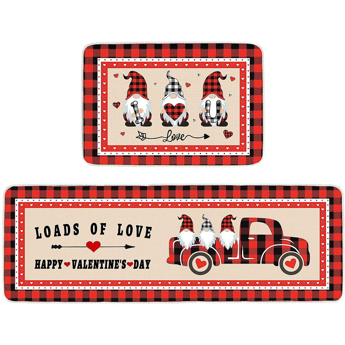 Svepndic Buffalo Plaid Mats Set of 2 Valentine's Day Kitchen Rugs Gnome Decorative Doormat Seasonal Holiday Wedding Party Profile Floor Mat for Home Kitchen