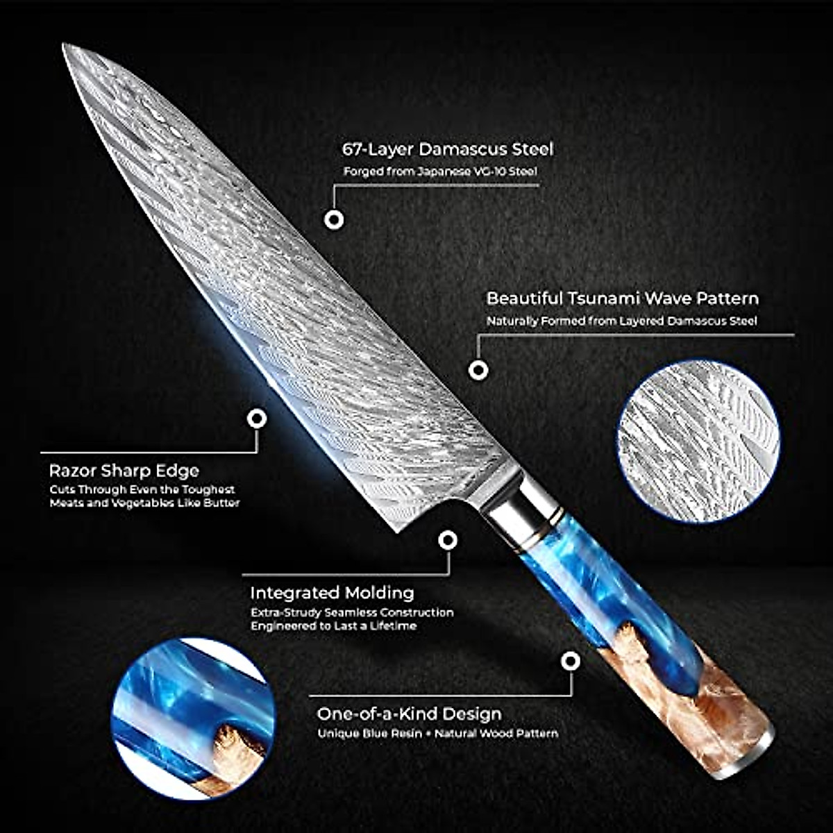 SENKEN 7-Piece Damascus Kitchen Knife Set - Tsunami Collection - 67-Layer Japanese VG10 Steel - Chef's Knife, Cleaver Knife, Bread Knife, Santoku Knife, Boning Knife, & More, Luxury Gift Box