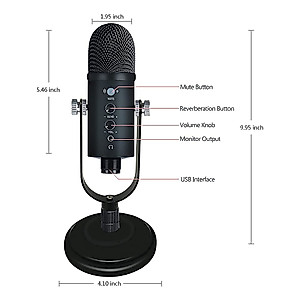 USB Microphone, Condenser Computer Microphone for Streaming, Gaming, YouTube Recording, Plug and Play,Headphone Output and Volume Control,Quick Mute Button,Compatible with Laptop, Phone (Black)