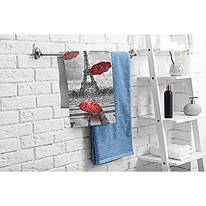 oFloral Eiffel Tower with Flying Umbrellas Hand Towels Cotton Washcloths,Romantic France Pairs Rainy Black and White Red Soft Towels for Bathroom/Yoga/Golf/Hair/Face Towel for Men/Women 15X30 Inch