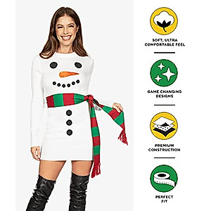 Women's Snowman Ugly Sweater Dress - White Snowman Christmas Dress with Scarf: Medium