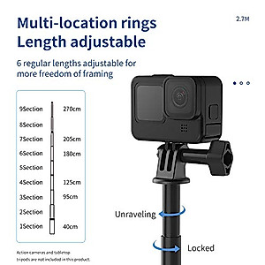 TELESIN 106" Long Selfie Stick Pole (G2 2.7 Meters) Extension Carbon Fiber Light Monopod for GoPro Max Mini Hero 11 10 9 8 7 6 5, Insta360 One R X2 X3 Go 2, DJI Osmo Pocket 2 Action 2 3 Accessories