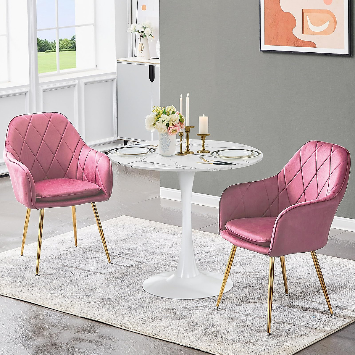 Round Dining Table White Faux Marble Kitchen Dining Table 31.5" Modern Mid-Century Leisure Tulip Table with Pedestal Base for Dining Room 2 to 4 Person