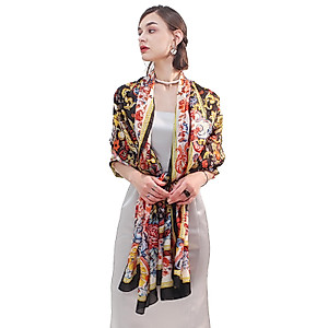 DANA XU 100% Mulberry Satin Silk Summer Travel Scarf Extra Large Women Floral Shawl Oversize Soft Wraps For Evening Dresses