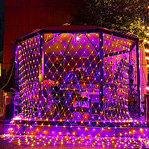 FUNPENY Halloween 360 LED Net Lights, 12ft x 5ft 8 Modes Waterproof Connectable Christmas Decorations for Outdoor Garden Party Decor (Purple Orange)