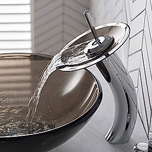 Single Lever Vessel Glass Waterfall Bathroom Faucet Chrome with Brown Clear Glass Disk and Matching Pop Up Drain