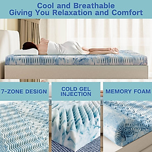 Molphit 2-Inch 7-Zone Twin Memory Foam Mattress Topper, Cooling Gel Mattress Topper with Airflow Channels, Twin Size Mattress Topper for Body Pressure Relief,38"×75",CertiPUR-US and Oeko-Tex Certified